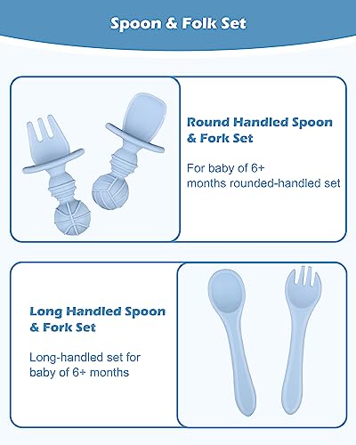 OFUN 8 Pack Silicone Toddler Feeding Set, Baby Led Weaning Supplies with Adjustable Bib, Divided Suction Plate, Bowl and a Sippy Cup, with 2 Spoon, 2 Folk, Eating Utensil for 6+ Months, Blue