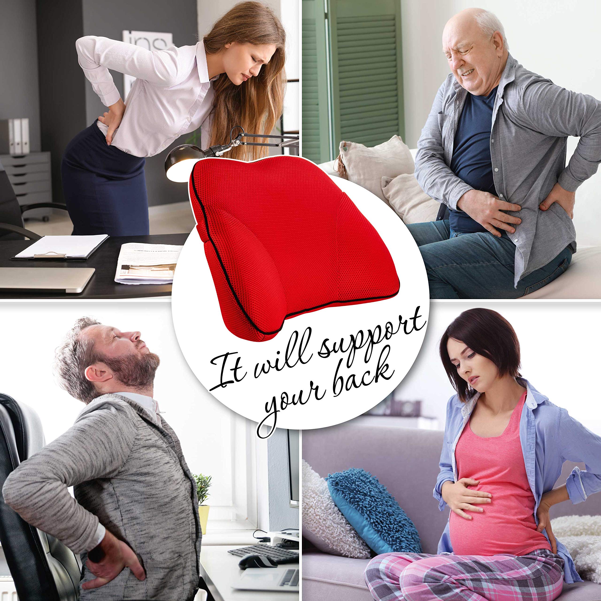 Memory Foam Lumbar Support Back Cushion with 3D Mesh Cover Balanced Firmness Designed for Lower Back Pain Relief- Ideal Back Pillow for Computer/Office Chair, Car Seat, Recliner etc.…