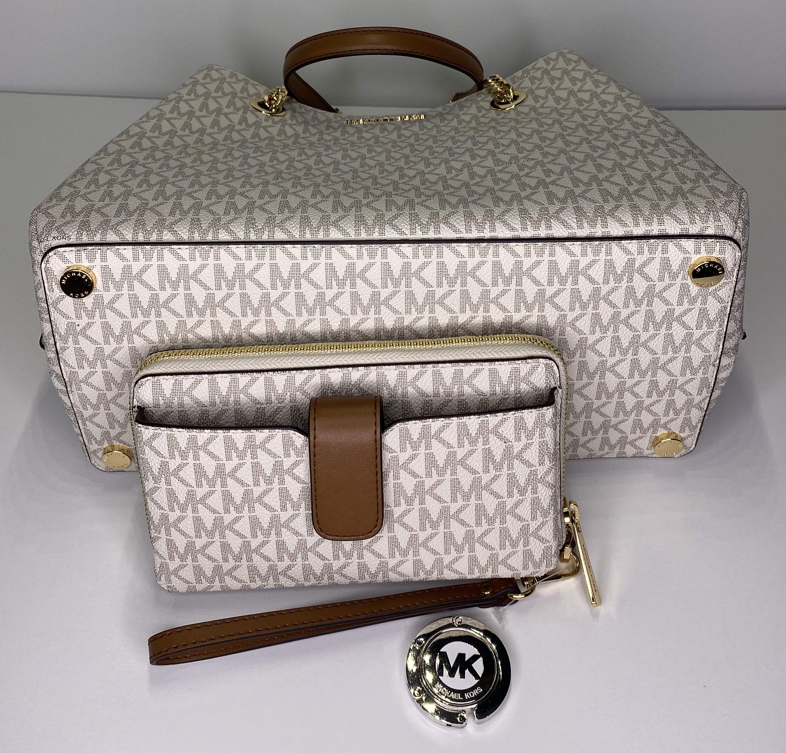 MICHAEL Michael Kors Teagen Satchel bundled with Phone Wallet/Wristlet & Handbag Hook (Signature MK Vanilla)