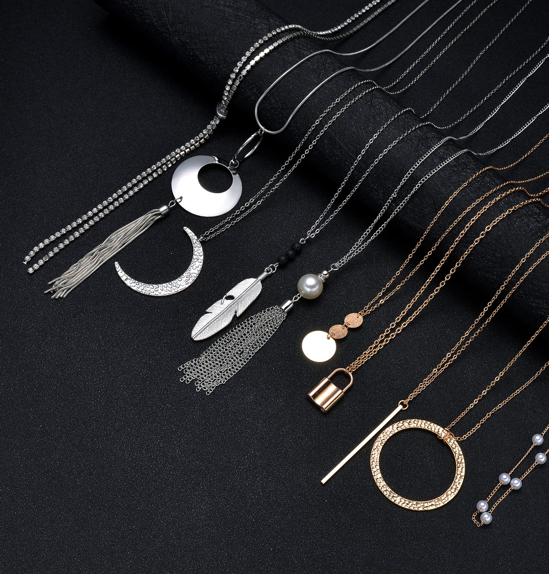 Ofeiyaa 10Pcs Long Pendant Necklace Simple Moon Bar Three Triangle Tassel Lock Sweater Y Shape Punk Chain Choker Necklace for Women Men Gold Silver Tone (E:10Pcs (Lock))