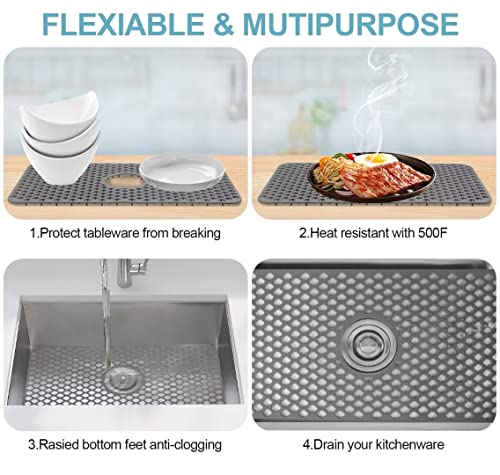 Silicone Sink Protectors for Kitchen - UFU Grey Silicone Sink Mat Grid Accessory with Center Drain, Kitchen Sink Protector(24.8"x 12.9")