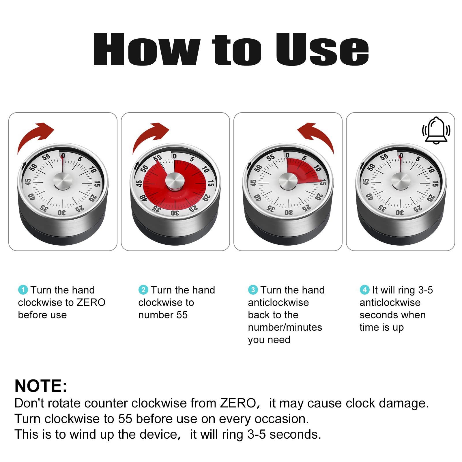 QUEEN KING Kitchen Timer Magnetic,Visual Timer for Kids,60-Minute Visual Countdown Timer with Loud Alarm,Magnetic Back & Stainless Steel Face,Kitchen Timer Manual for Study,Cooking,Baking