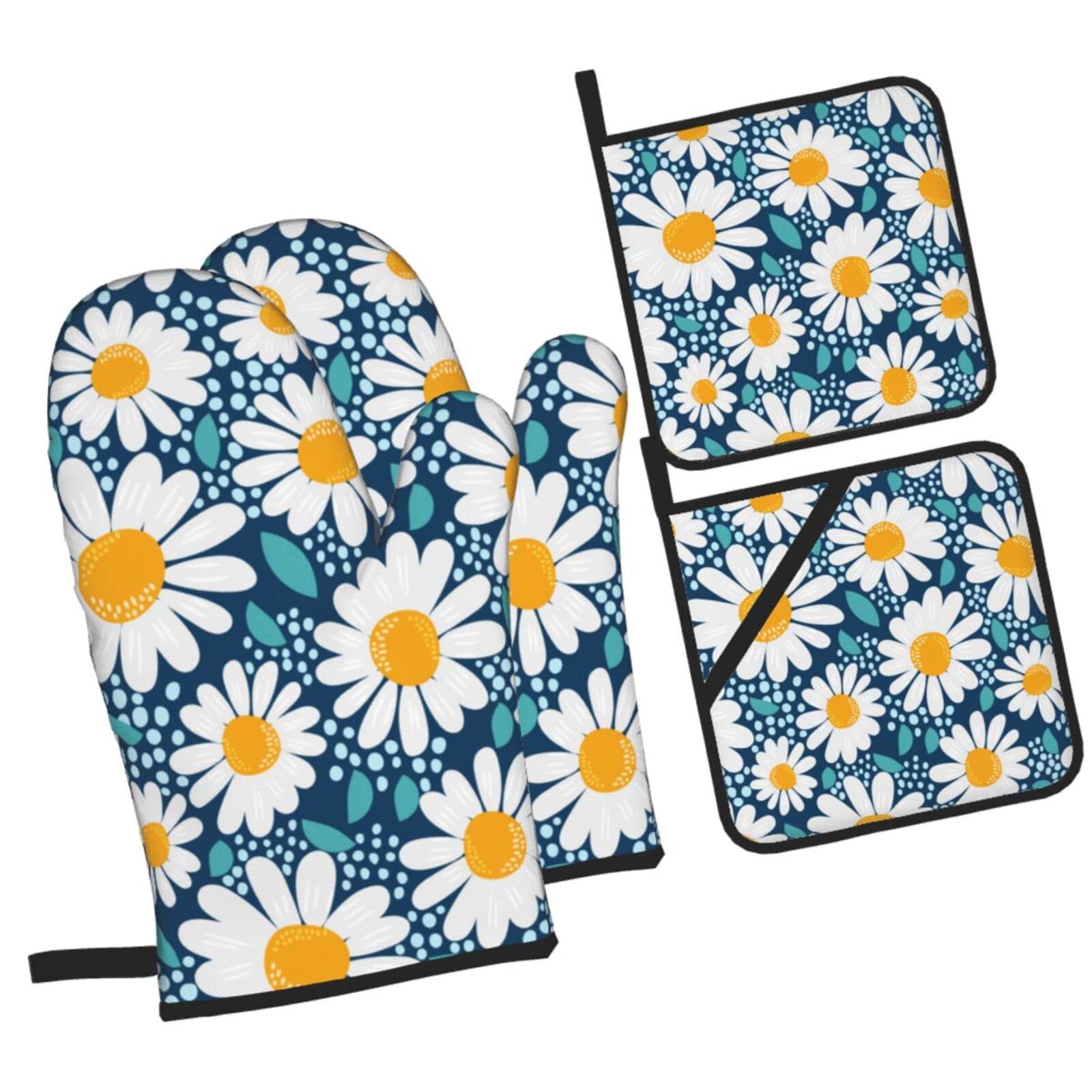 Oven Mitts and Pot Holders Sets of 4 High Heat Resistant Daisy Flowers Oven Mitts with Oven Gloves and Hot Pads Potholders for Kitchen Baking Cooking BBQ Non-Slip Cooking Mitts