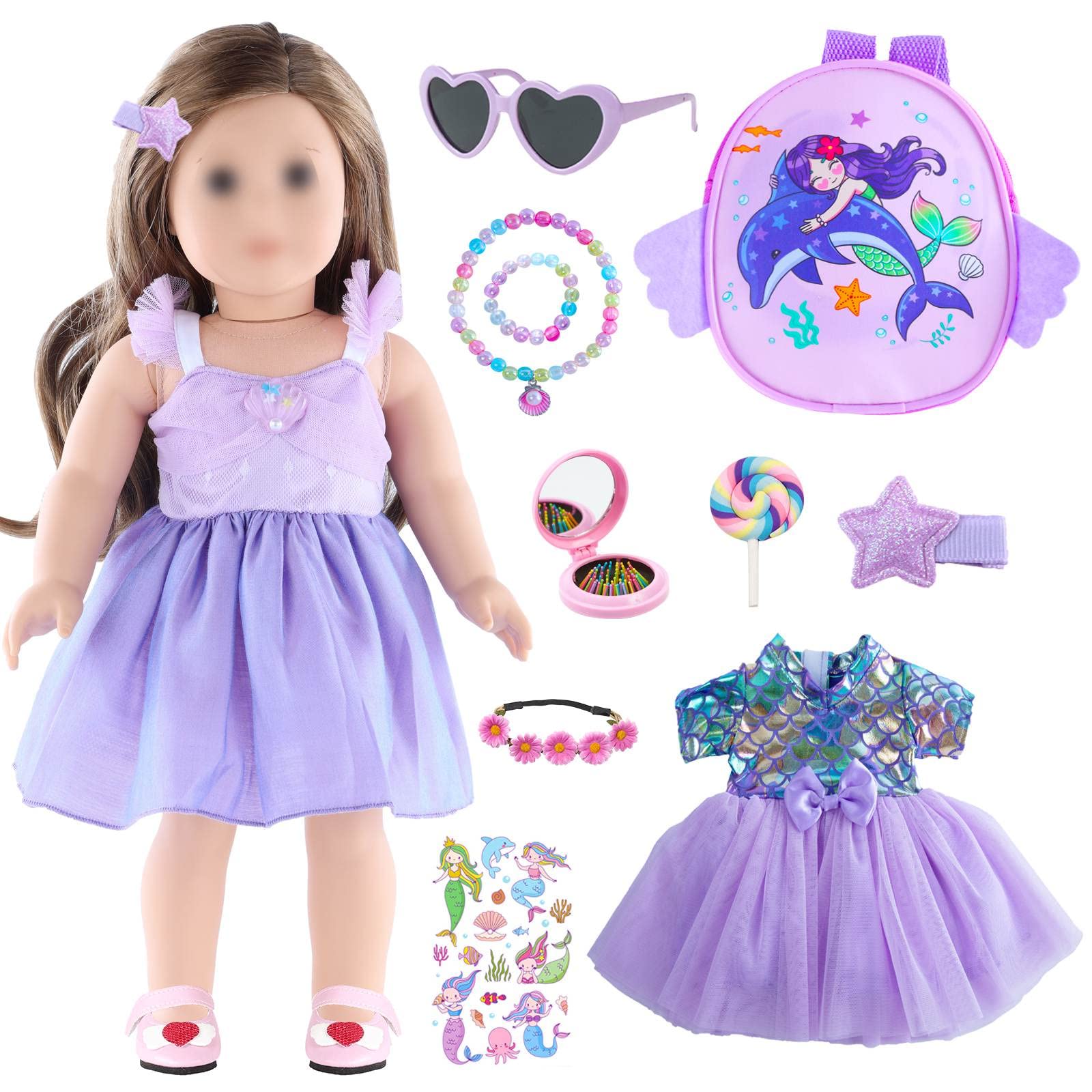 Mskissy American 18 Inch Doll Clothes and Accessories - 2 Mermaid Theme School Daily Dresses for American 18 Inch Girl Doll Including Schoolback,Necklace,Bracelet,Garland,Hairpin,Sunglass etc