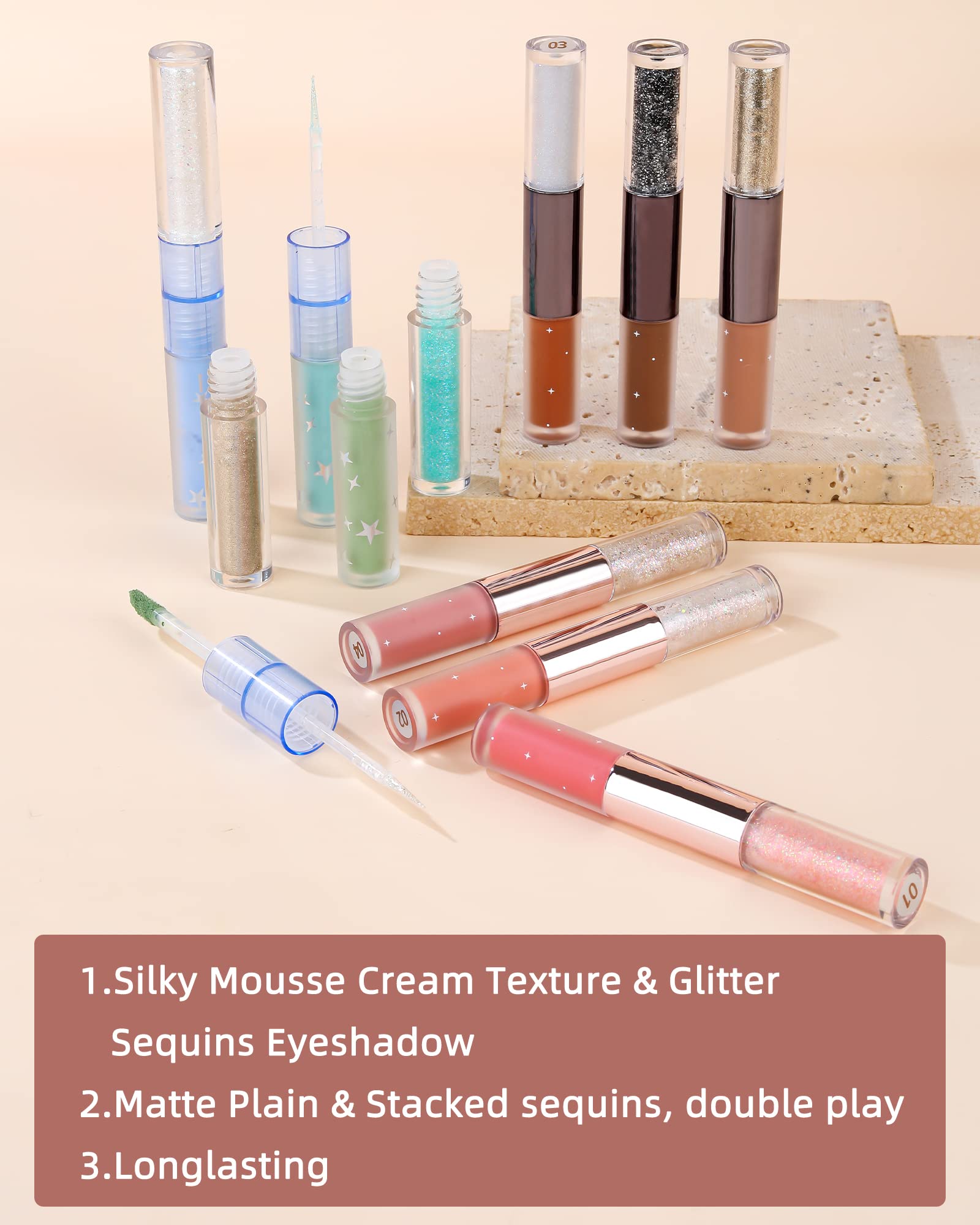 LYSdefeu 2 in 1 Long Lasting Glitter Liquid Matte Eye shadow, Green Blue Shimmer Liquid EyeShadow Kit β 3 Pcs High Pigmented Velvet Cream Eyeshadow Eyeliner Stick, Create Korean Eye Makeup