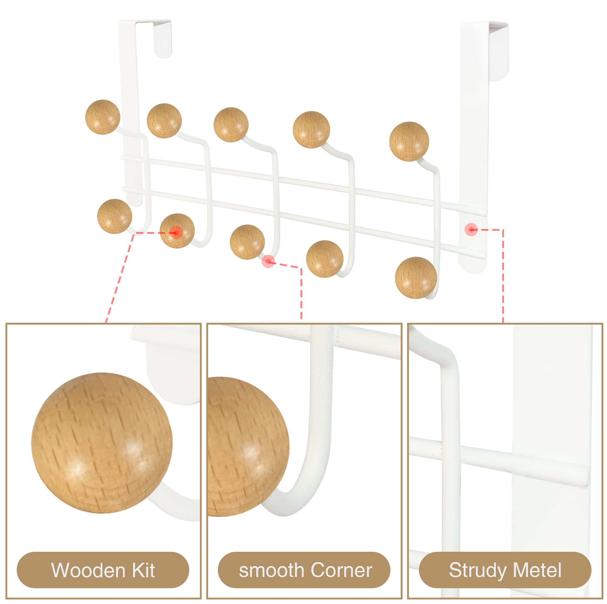 Loucarn Over The Door Hooks Door Hanger Hook for Clothes with 10 Wooden Door Hooks for Hanging Hats, Coats,Towels