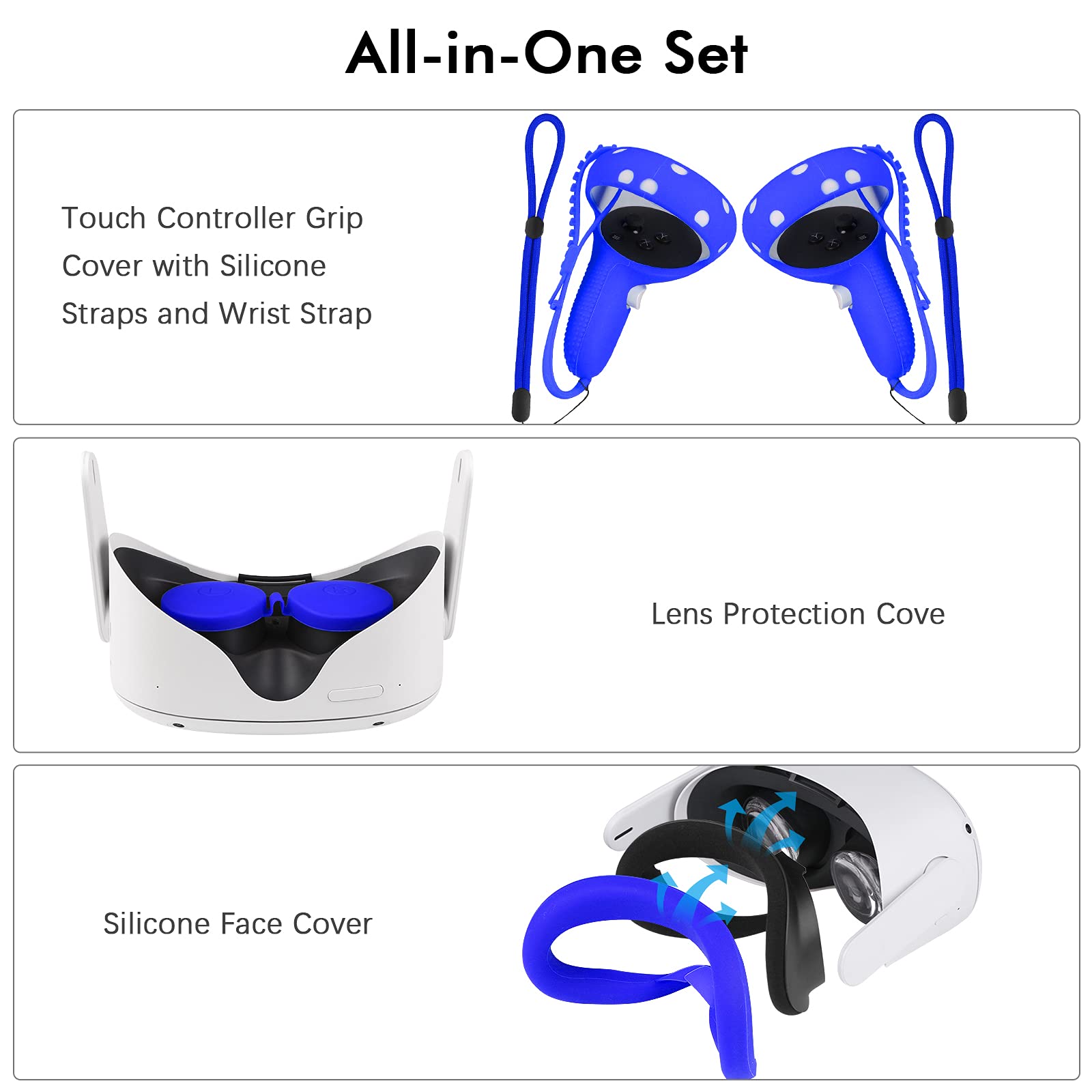 Oculus Quest 2 Accessories with VR Face Cover,Touch Controller Grip Cover and VR Lens Protective Cover, Made of Premium Silicone Material,VR Headset Accessories Sweatproof and Enhance Comfort(Blue)