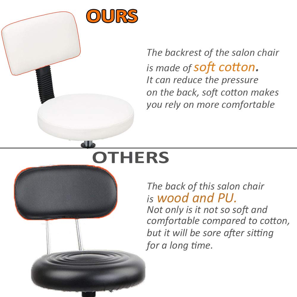 Voilamart PU Leather Round Rolling Stool with Backrest Adjustable Swivel Hydraulic Gas Lift Stool for Tattoo Therapy Beauty Massage Spa Salon, White