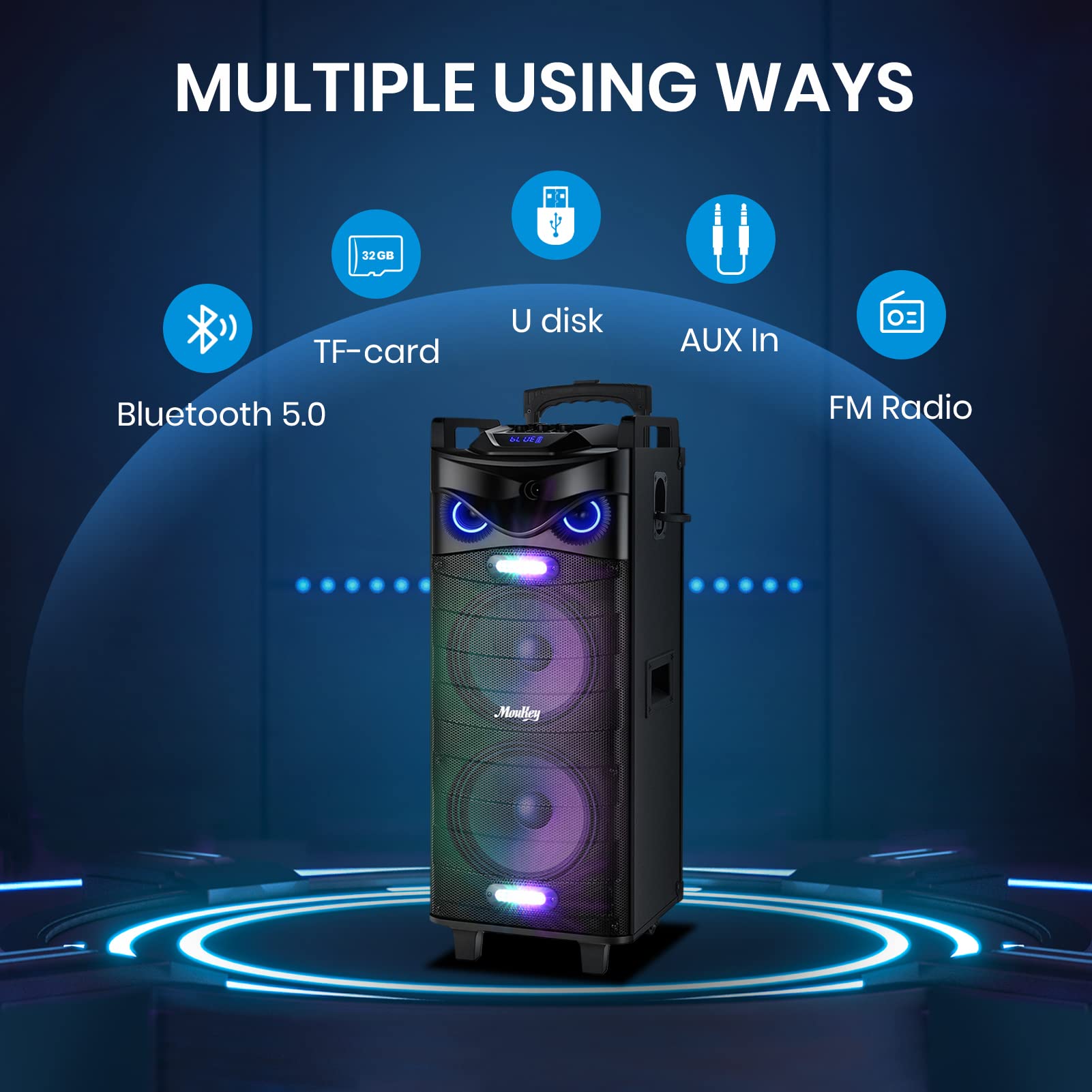 Moukey Karaoke Machine, PA System Double Woofer for Party, Portable Bluetooth Speaker w/ 2 Wireless Microphone, Disco Lights and Echo/Treble/Bass Adjustment, Support TWS/REC/AUX/MP3/USB/TF/FM