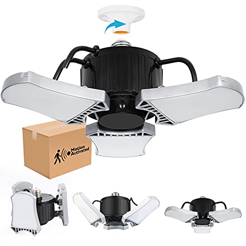 LED Garage Lights Motion Activated, 60W Deformable LED Garage Lights 5000K 6000LM LED Shop Lights, Adjustable Multi-Position Panels,3 Adjustable Panels,E26 Base, Workshop Attic and Basement
