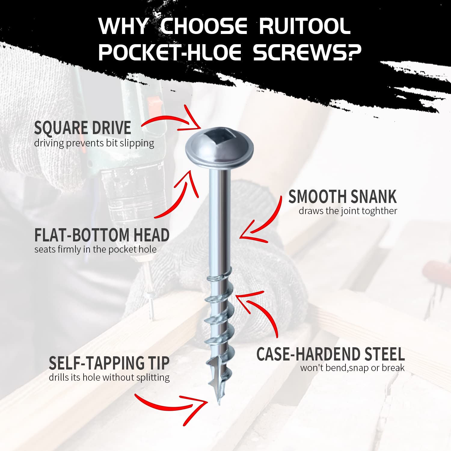 Ruitool Pocket Hole Screws #8 x 1-1/4" Square Drive Coarse-Thread Zinc Coated Self-Tapping Wood Screws 150ct. for Woodworking Tools…