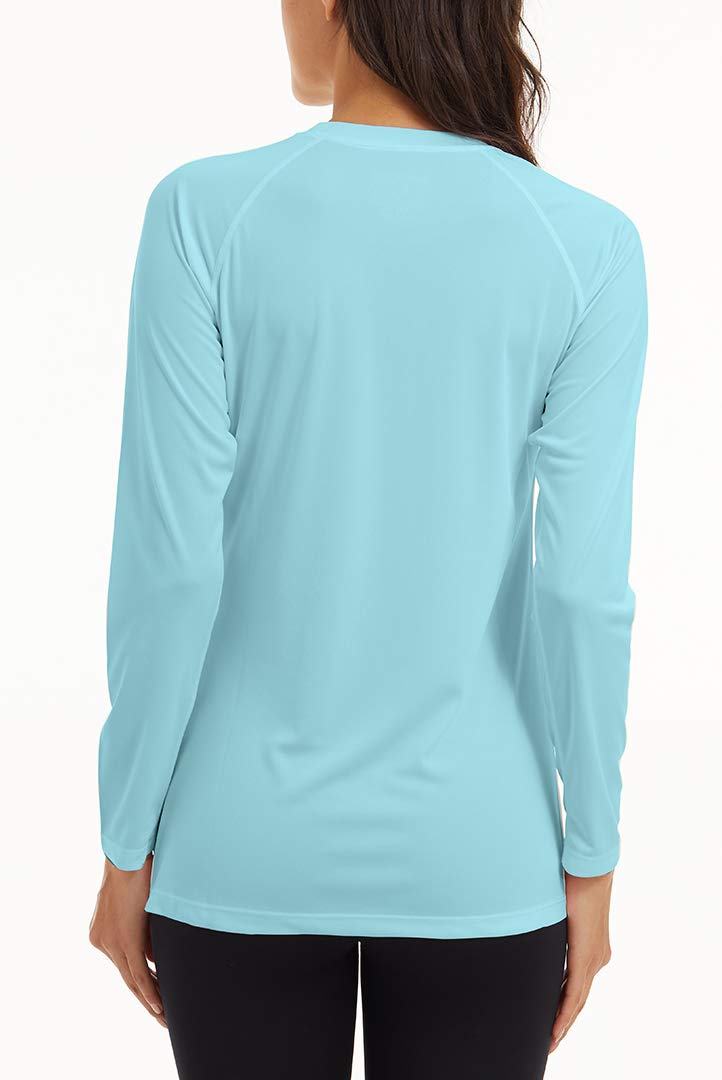 NEYOUQE Stretchy Long Sleeve Workout Crew Neck Cooling Thin Fitted Sunblock t Shirts for Women Fall Undershirts Trending Activewear Tops Lake Blue S