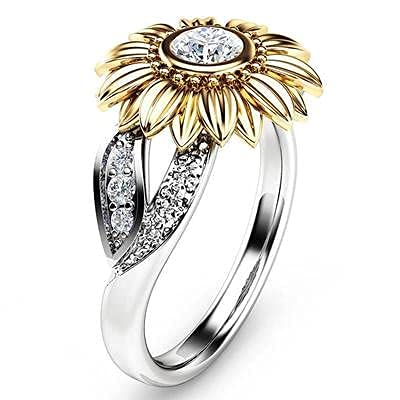 New Gold-Plated Couple Ring Sunflower Flower Color Separation Zircon Ring - 7