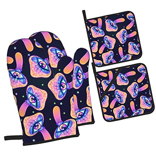 Oven Mitts and Pot Holders Sets of 4 High Heat Resistant Trippy Mushrooms Magic Hippie Oven Mitts with Oven Gloves and Hot Pads Potholders for Kitchen Baking Cooking BBQ Non-Slip Cooking Mitts