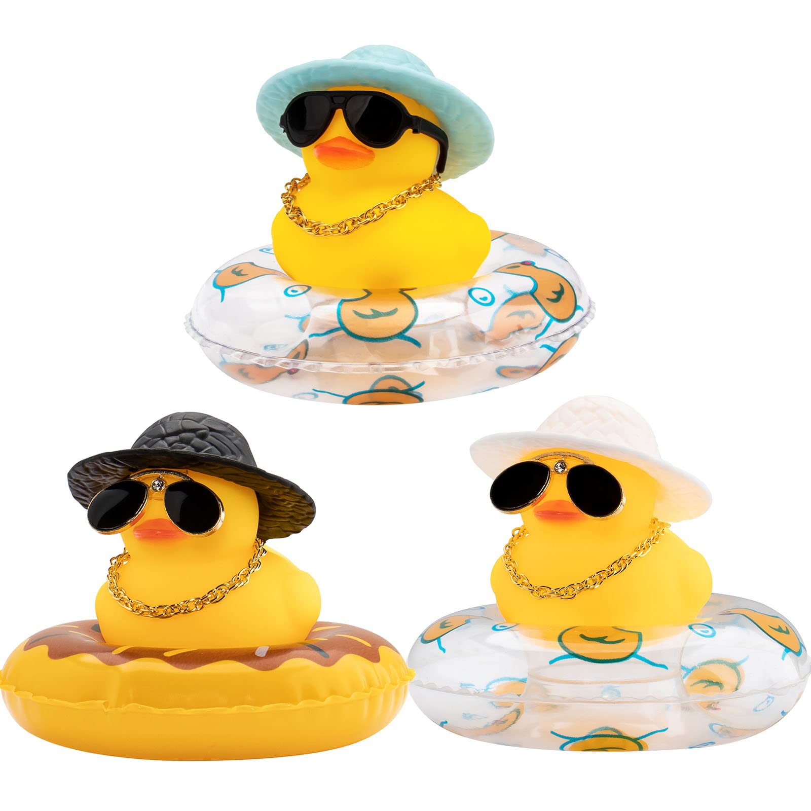 wonuu 3PCS Starw Hat Swim Ring Rubber Ducks with Diamon/Plastic Sunglasses Hat Necklace for Cars Dashboard Decorations Car Accessories Toy Duck Car Ornament, Blue+Black+White