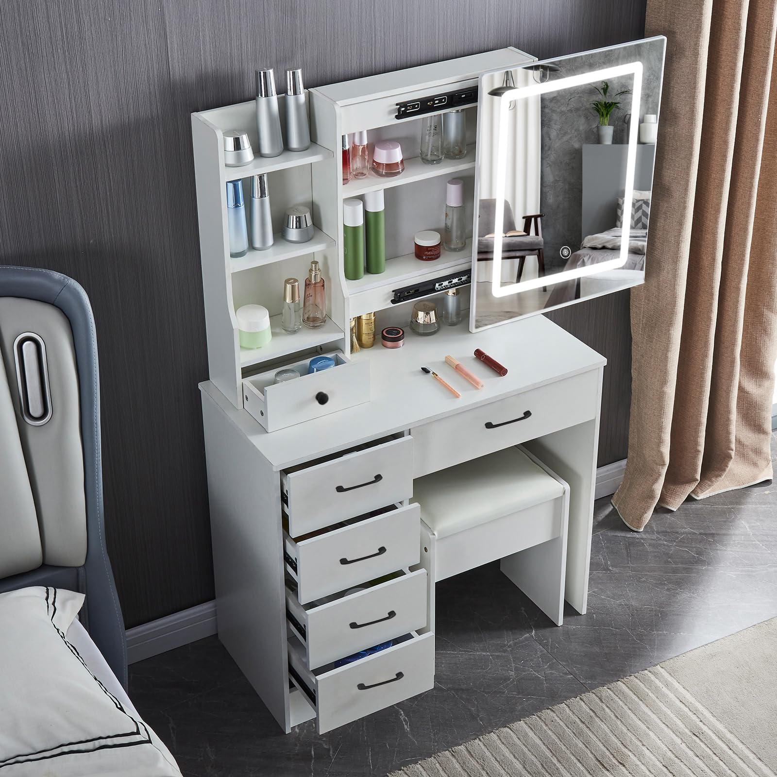Kkonetoy Vanity Desk with Lights, White Makeup Desk Vanity Set with Sliding Mirror and 5 Drawers, Modern Makeup Vanity Dressing Table with Cushioned Stool for Girls Bedroom Dresser