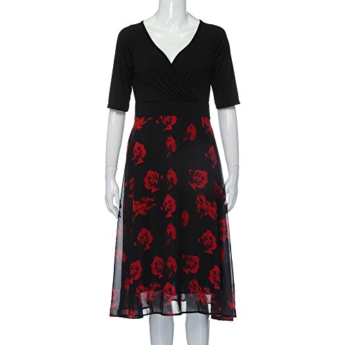 Pinkpaopao Deep V-Neck Plus Size Dress for Women Patchwork Half Sleeve Flower Mesh Swing Dress Red