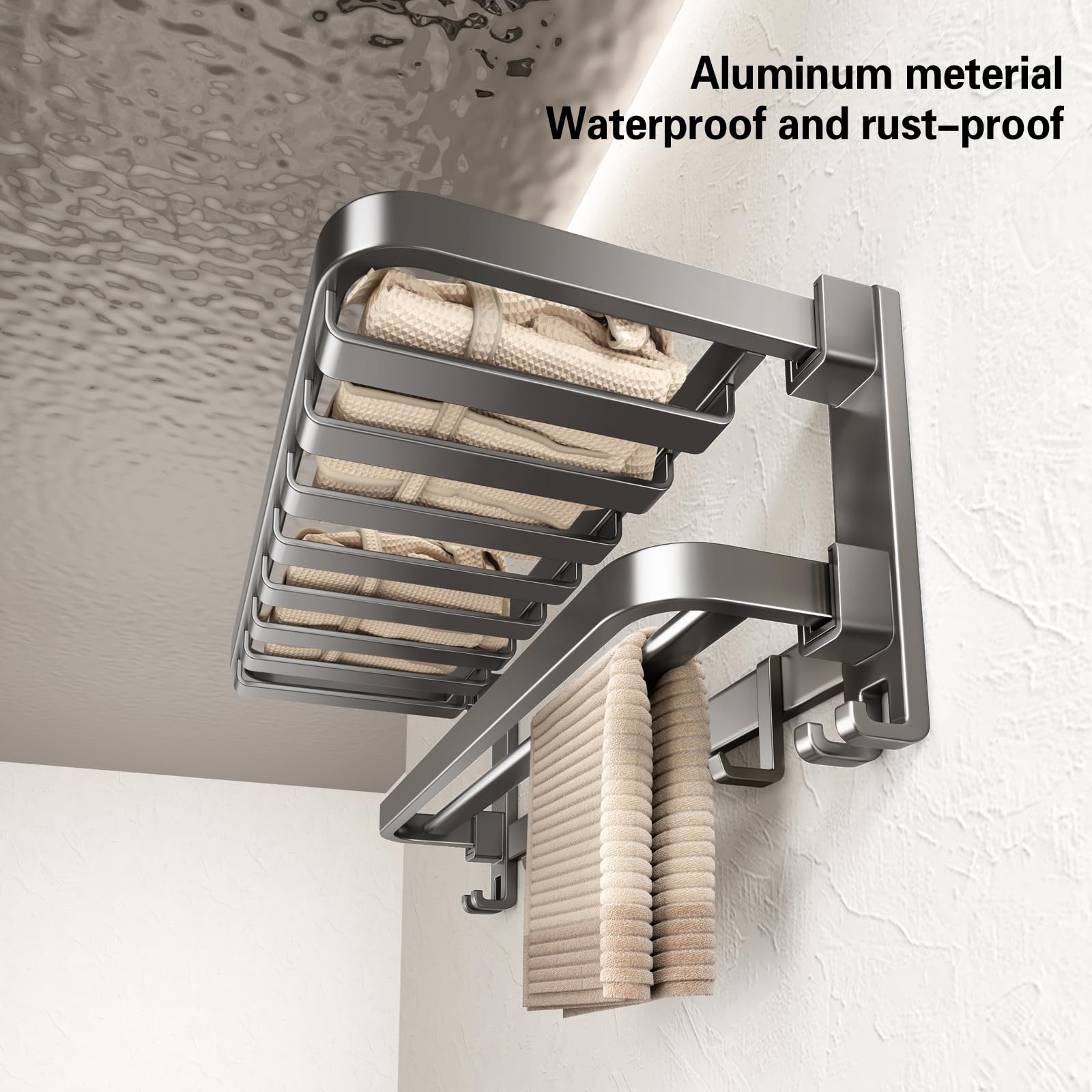 VOLPONE Bathroom Towel Rack with Double Towel Bar Foldable Towel Shelf Wall Mounted Towel Storage with Hooks No Assembly Required 24 in Grey