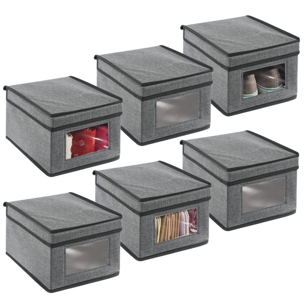mDesign Soft Fabric Stackable Closet Storage Organizer Box with Clear Window and Attached Hinged Lid for Bedroom, Hallway, Entryway, Closets, 4 Pack - Cream/Espresso Brown