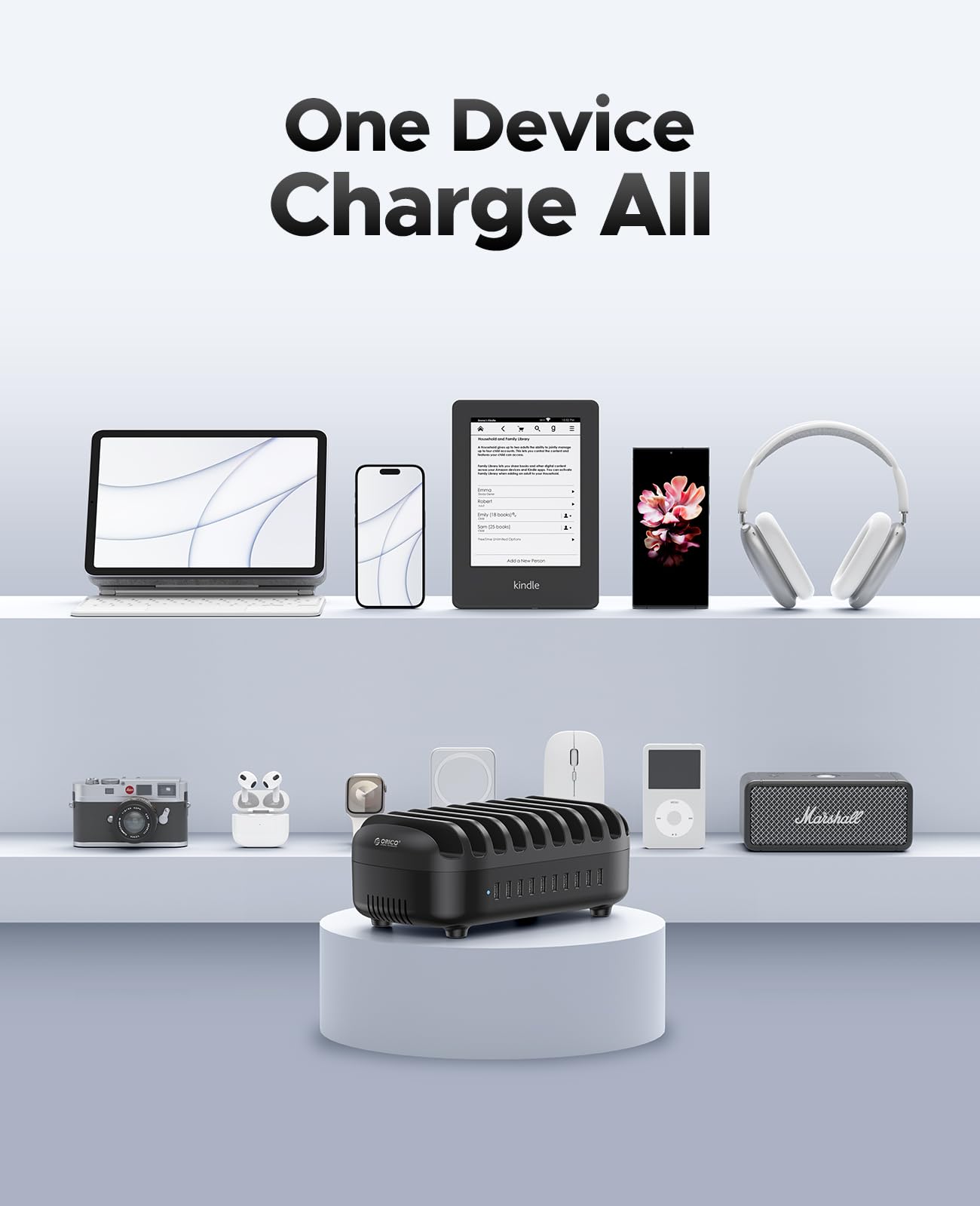 ORICO 120W Charging Station for Multiple Devices, 10-Ports USB Charging Docking Organizer Station, Multi USB Charging Station Compatible with iPad, Tablet, Kindle, Airpods and Cell Phone