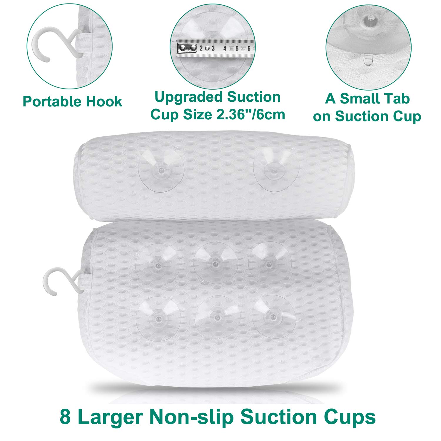 Luxury Bath Pillow, Non-Slip Upgraded Bathtub Pillow (8 Suction Cups), Enlarged Suction Cups with Stronger Suction, Upgraded 4D Tub Pillow, Better Neck and Back Support, Soft & Quick-Drying