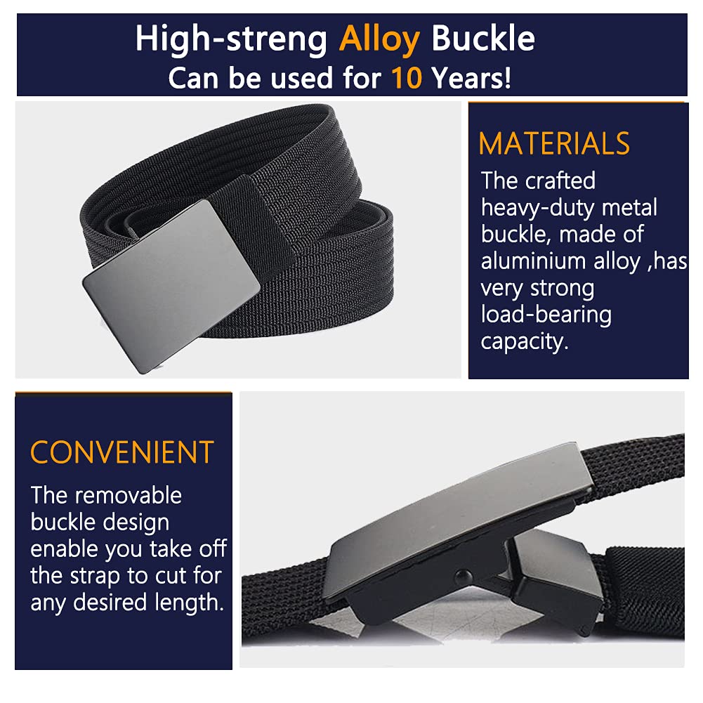 Mens Web Belts for Work, Metal Buckle Field Belt for Outdoor Sport Golf Hiking Skiing, Adjustable for Pants Size Below 46inches[53" Long 1.5" Wide](Black)