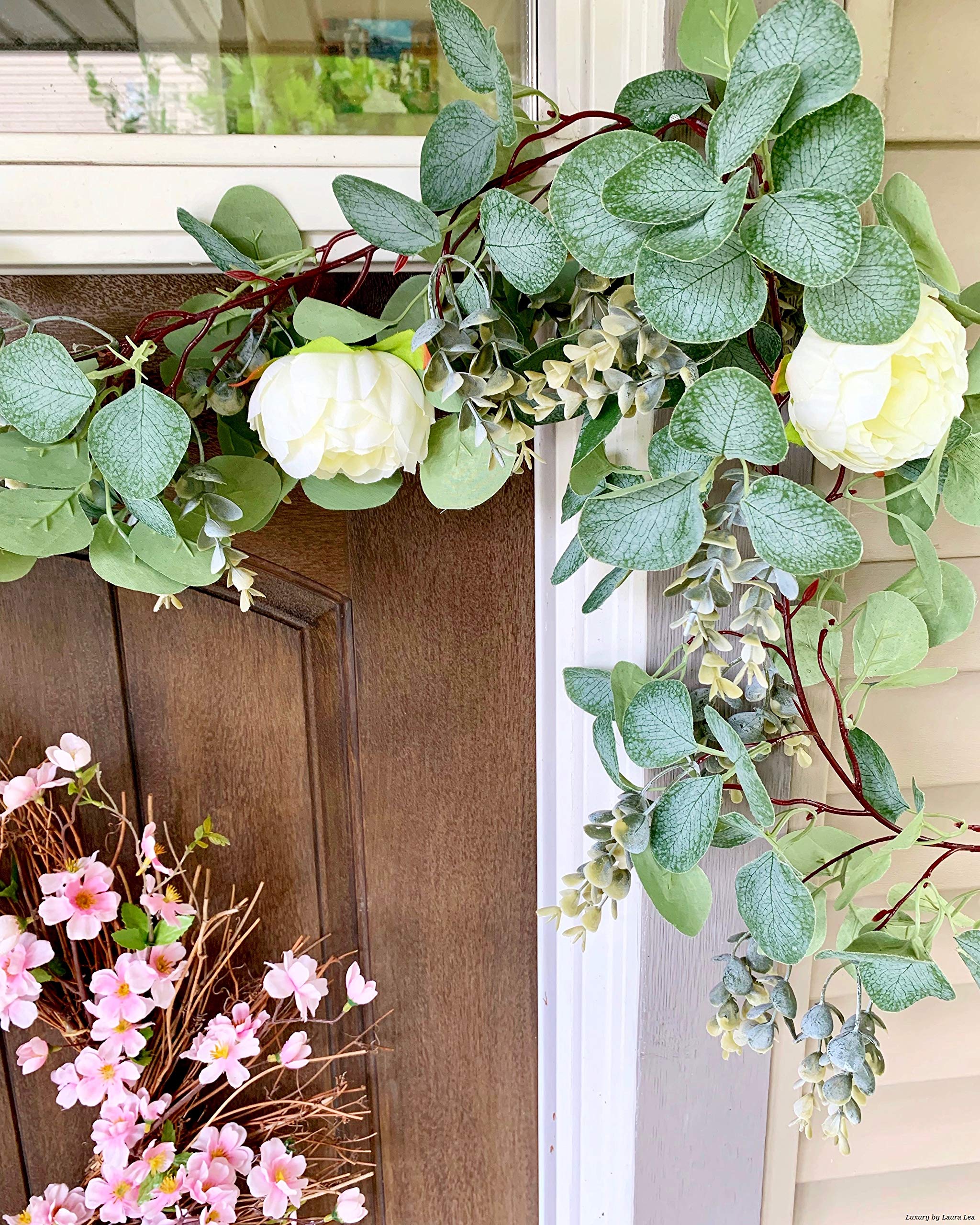 Luxury by Laura Lea Eucalyptus Garland with Peony Flowers - Full Realistic Silver Dollar & Twig Greenery, Perfect for Weddings, Mantel Decor, Home Decor, Table Runner