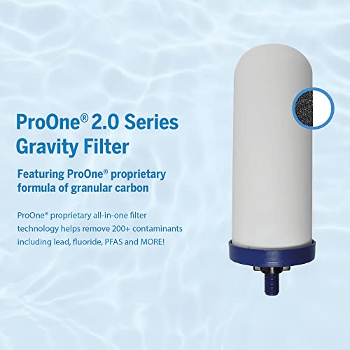 ProOne Traveler+ Stainless-Steel Gravity Water-Filter System, 2.25-Gallon Water Capacity, Countertop Water Dispenser for Home and Travel with Two 7-Inch Filter and Wire Stand