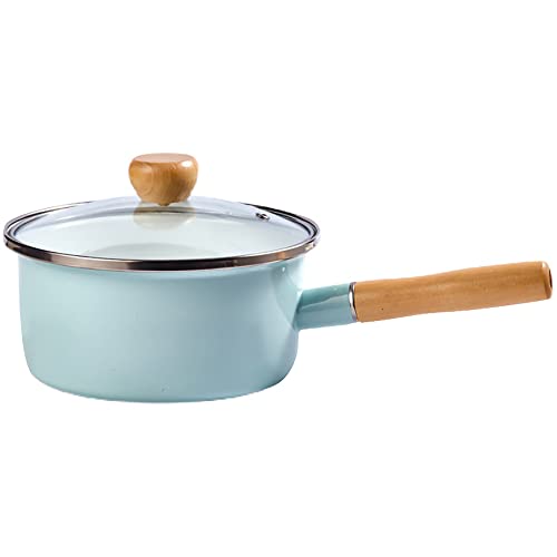 Saucepan, Enamel Sauce Pan Small Pot with Lid, Wooden Handle, 1.8 Quart (Blue)