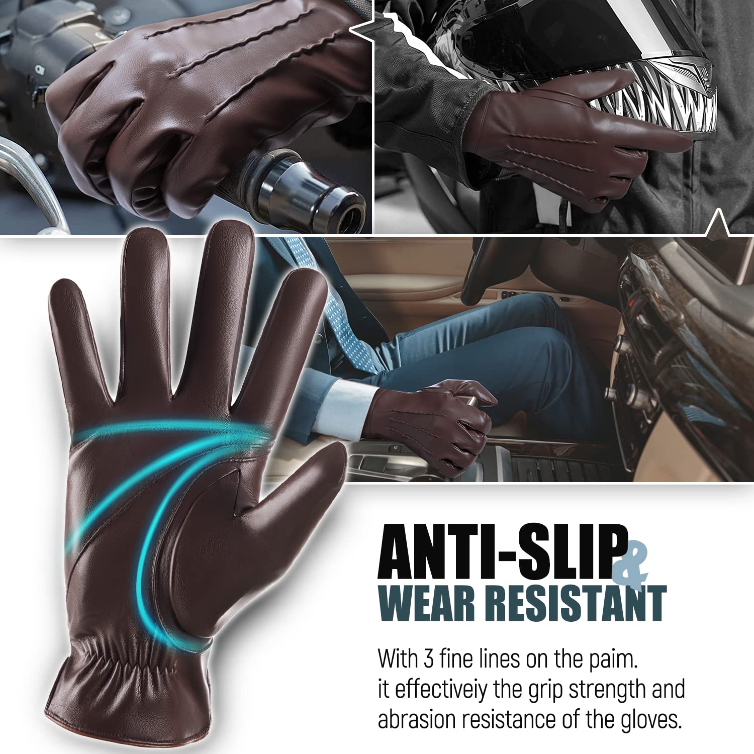 QUKOPSE Winter Leather Gloves for Men,Touchscreen Snow Driving Gloves with Cashmere Lining for Motorcycle Driving Riding