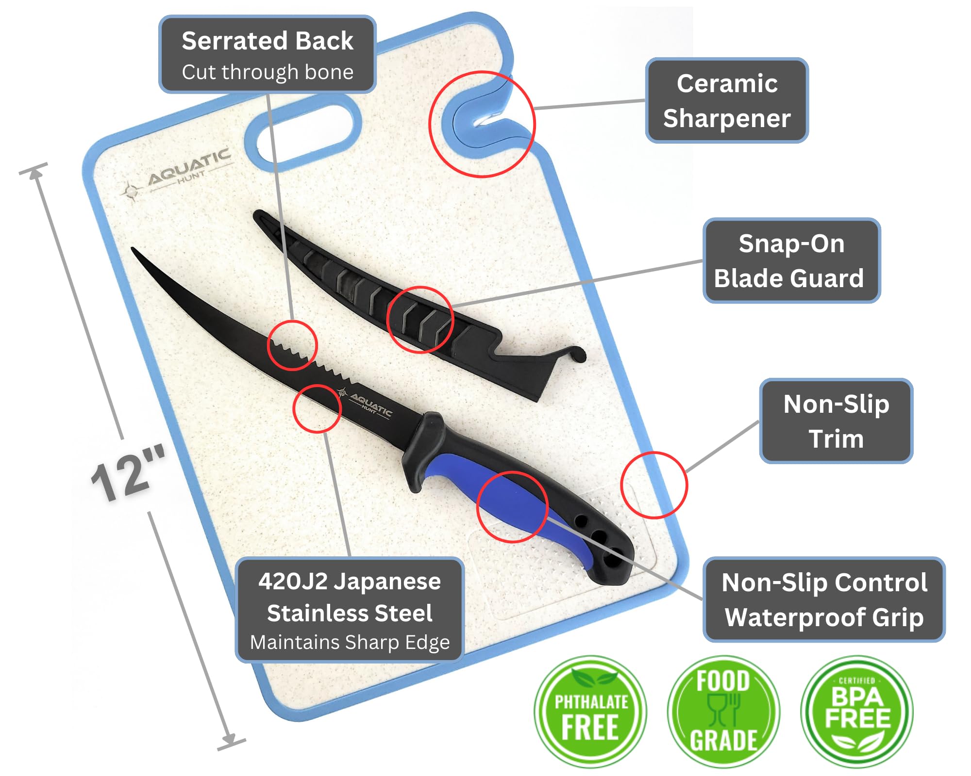Pro 3-in-1 Set: 6.5β Fish Fillet/Boning Knife - 12β Non-slip Cutting Board - Ceramic Knife Sharpener