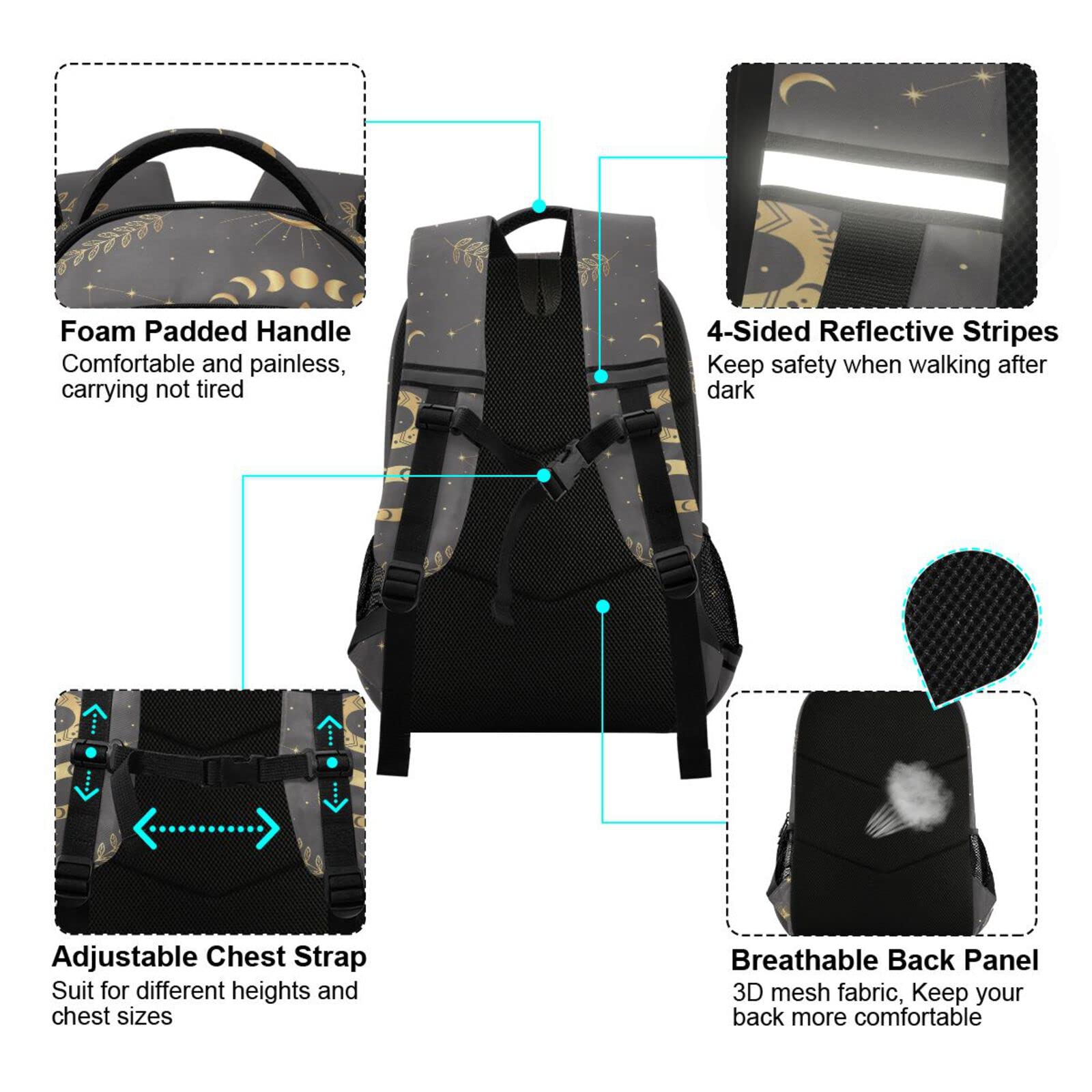 NFMILI Golden Snake Moon Kids Backpack Lightweight Middle School Elementary Bookbags for Boys Girls School Bag with Chest Strap 11.6 X 6.9 X 16.7 in