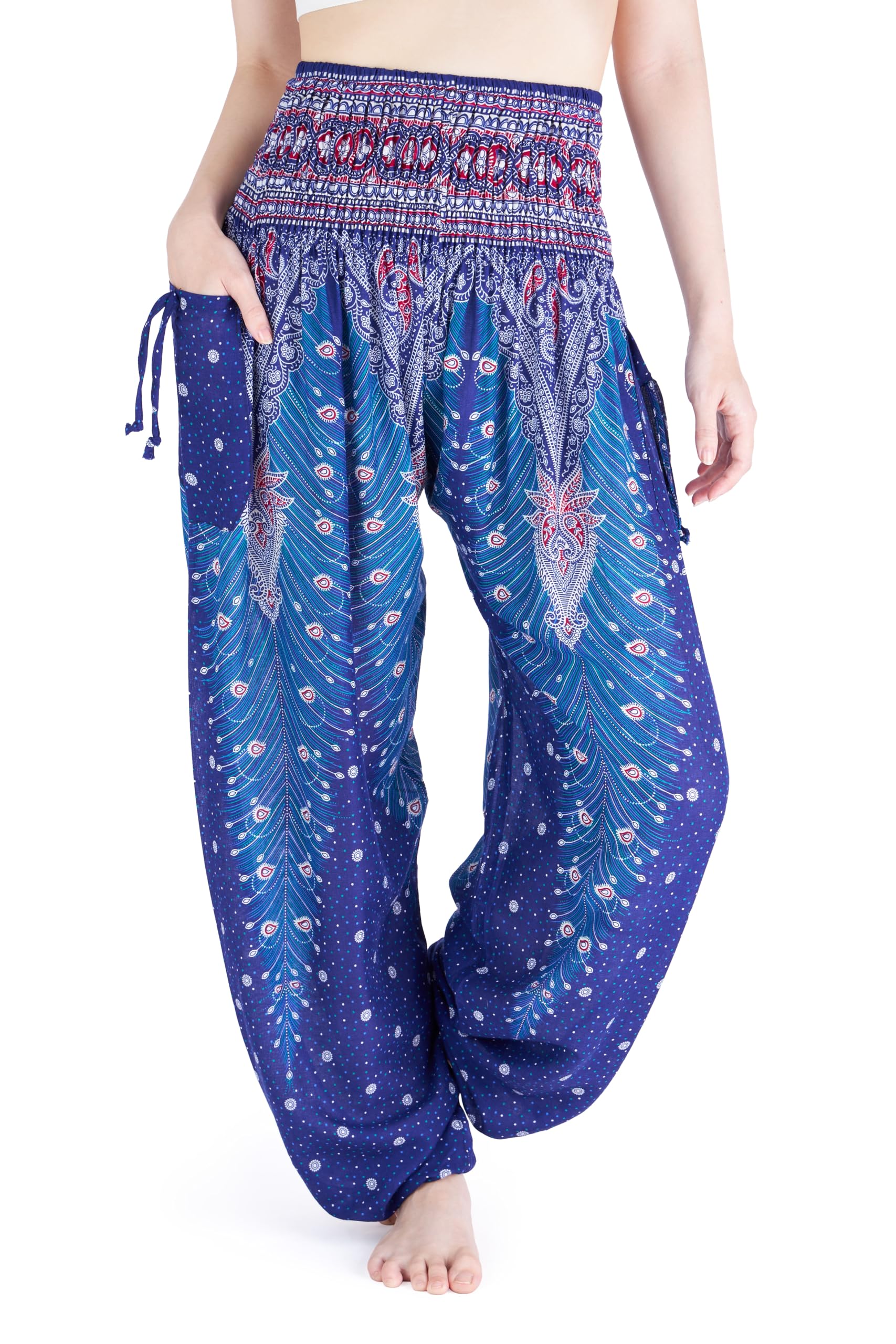 Lannaclothesdesign Women's Smocked Waist Boho Flowy Yoga Harem Pants Hippie Clothes (L, Blue)
