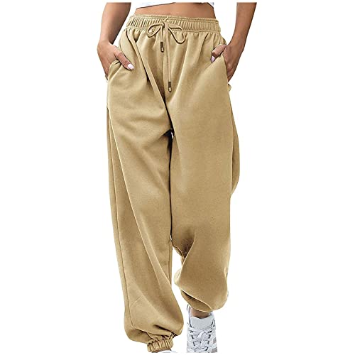 KSODFNXH Sweatpants Women Casual High Waist Plus Size Wide Leg Bound Pants with Pockets Trendy Solid Color Drawstring Pants