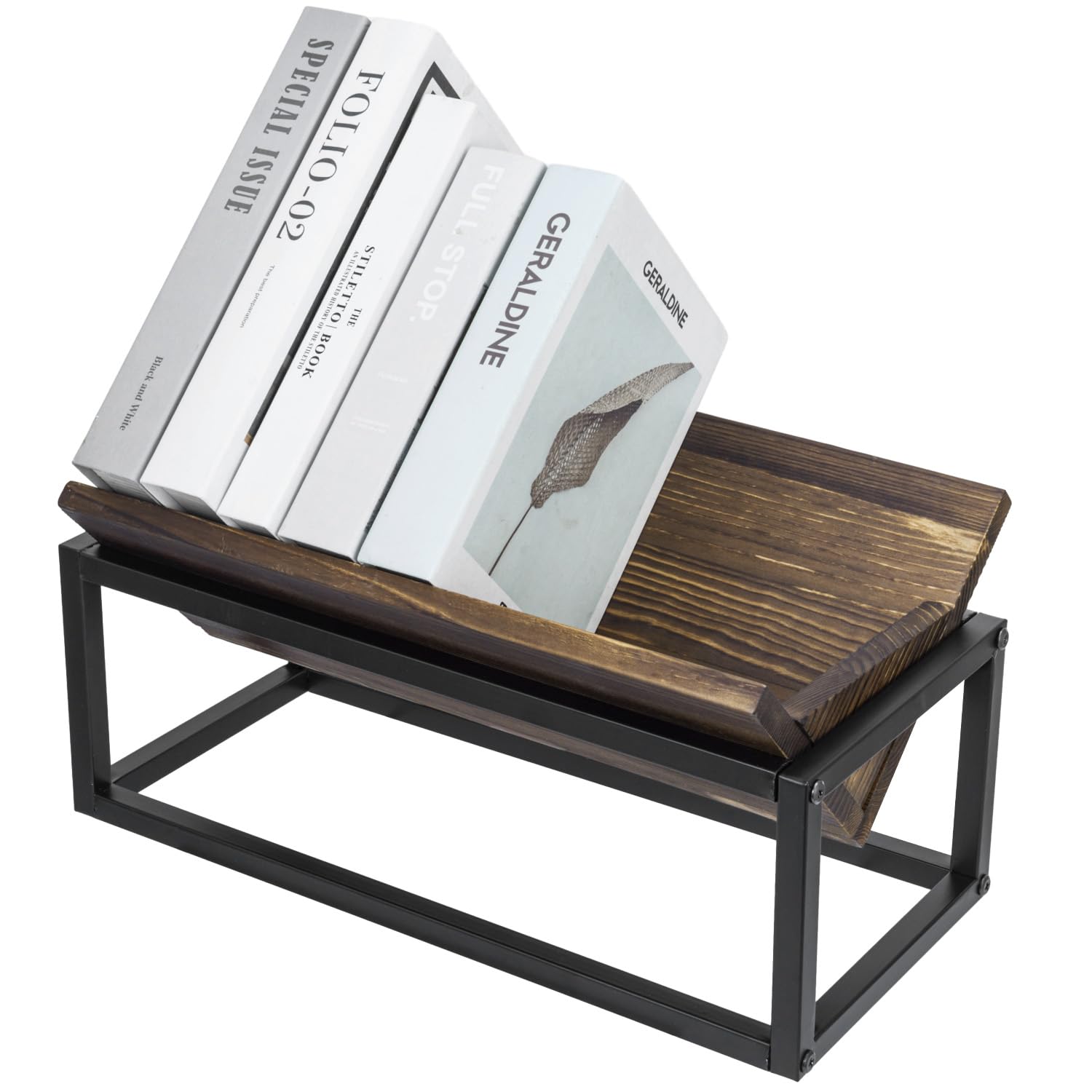 MyGift Rustic Burnt Solid Wood Tabletop Book Holder Rack with Industrial Black Metal Frame, Desktop Tilted Bookcase Reading Book Storage Organizer