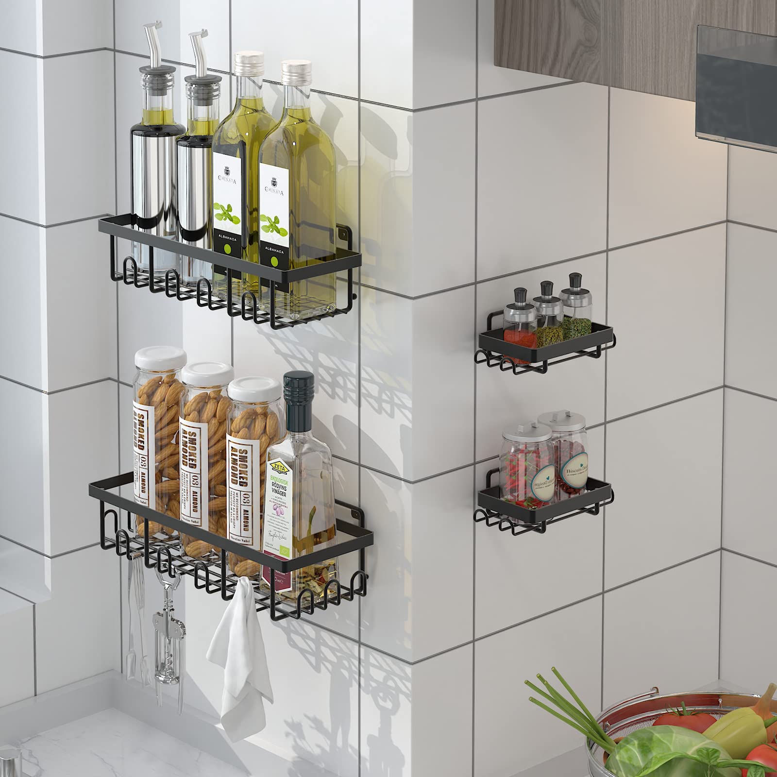 Meafuly Shower Caddy Shelf Organizer Rack - Stainless Steel with Hooks Bathroom Cabinet Organizer Shelf Space Saving and Easy to Organize 4 Piece decor Wall Shelf Set with 40lb Weight Capacity