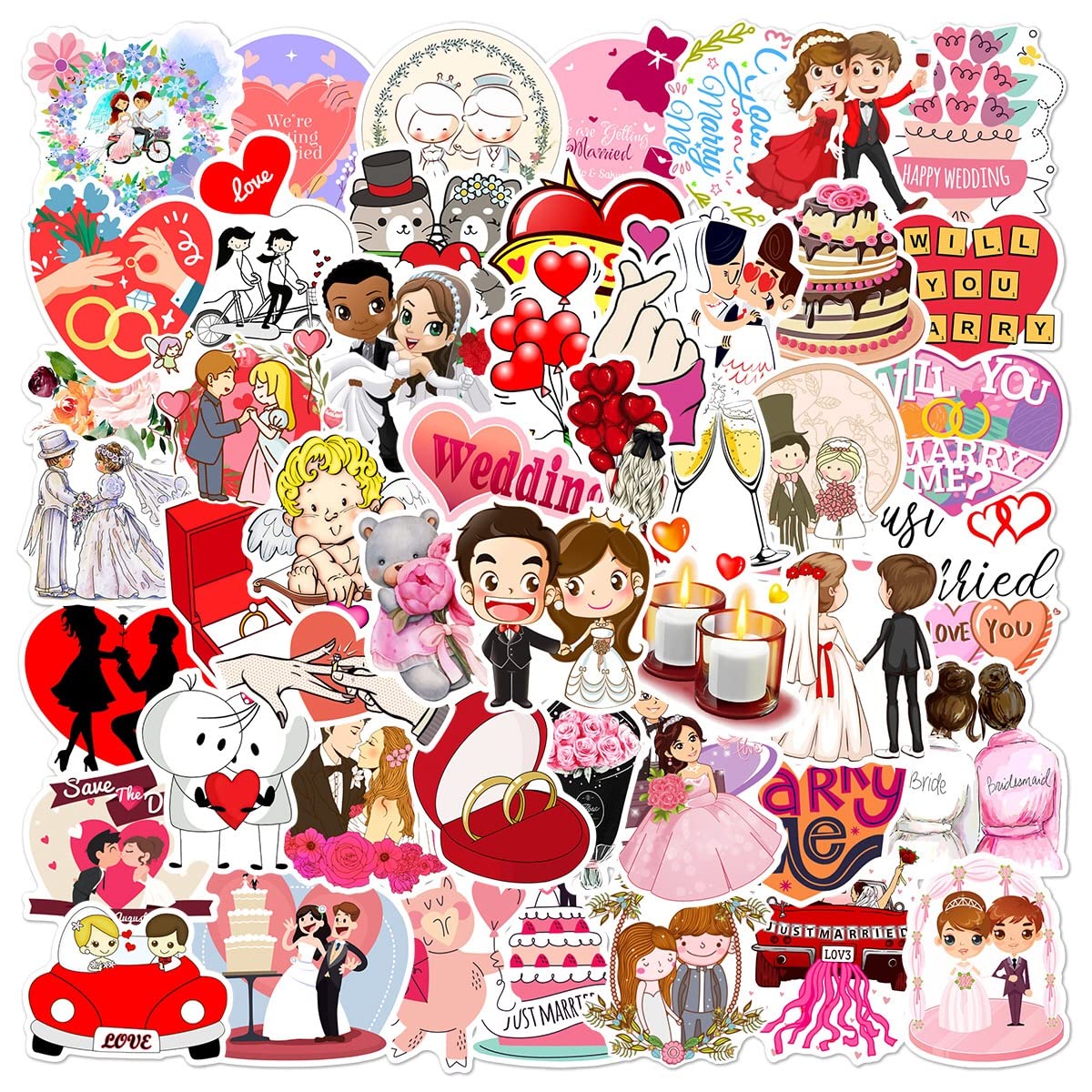 Wedding Stickers 50 Pieces Romantic Valentine's Day Stickers Proposal Stickers Laptop Water Bottle Scrapbook Guitar Greeting Cards Gift Box Waterproof Vinyl Decals