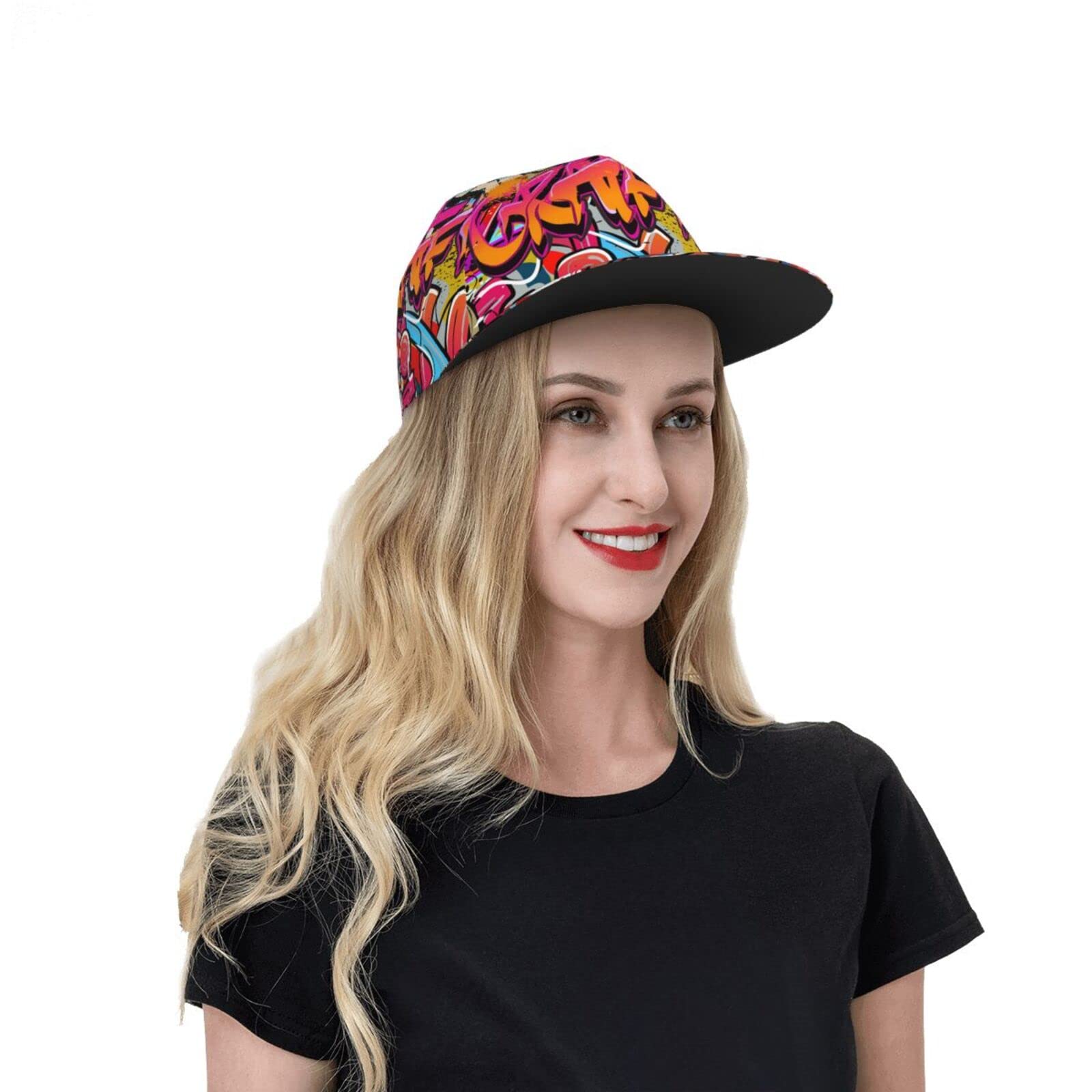 Quzioxe Graffiti Wall Urban Flat Bill Brim Cap Hip Hop Hat Baseball Cap for Men Women Adjustable Square Flat Visor Back Trucker Snapback Hat