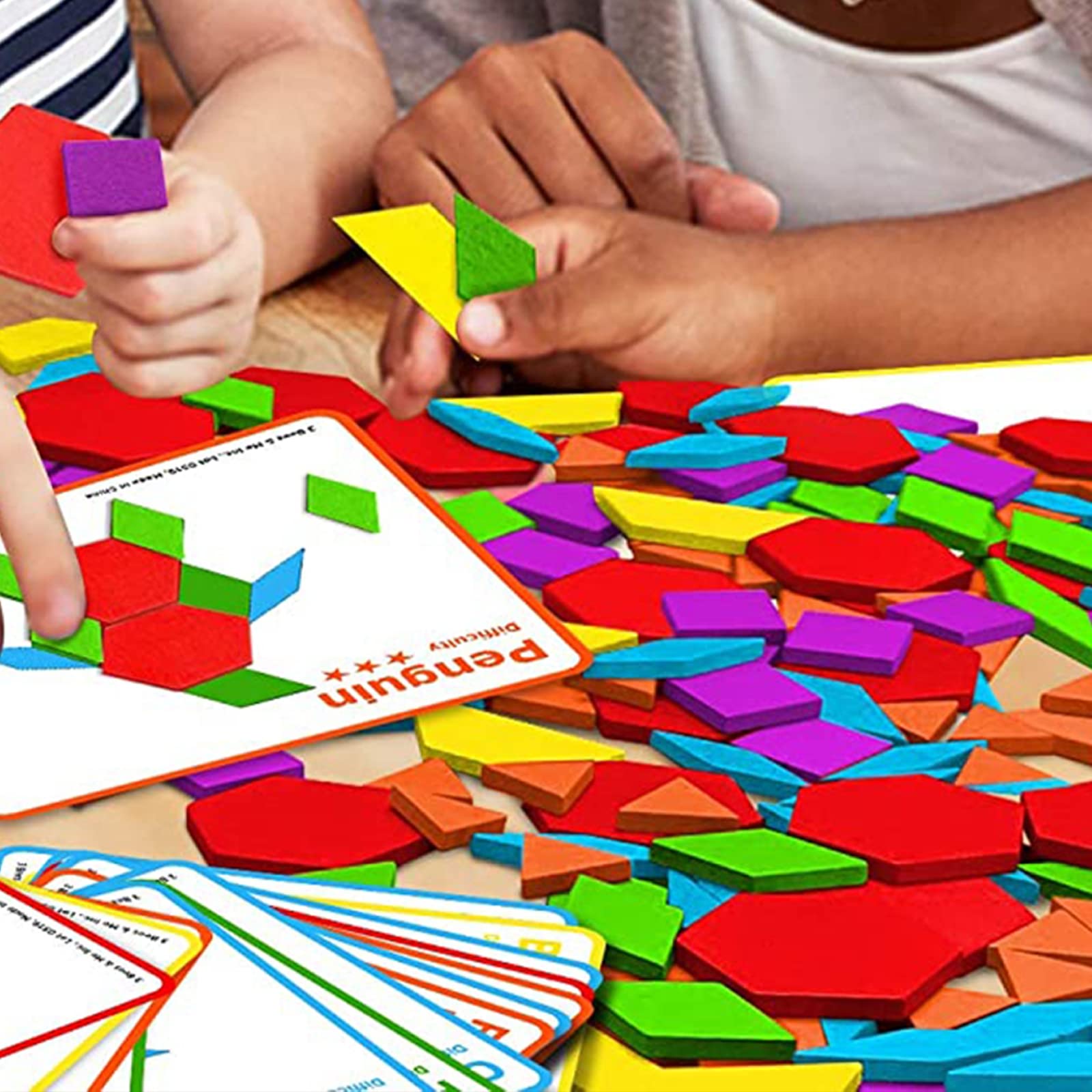 MorTime 250 Pcs Wooden Pattern Blocks and Boards Set, Sturdy Play Board with 10 Double-sided Jigsaw Cards
