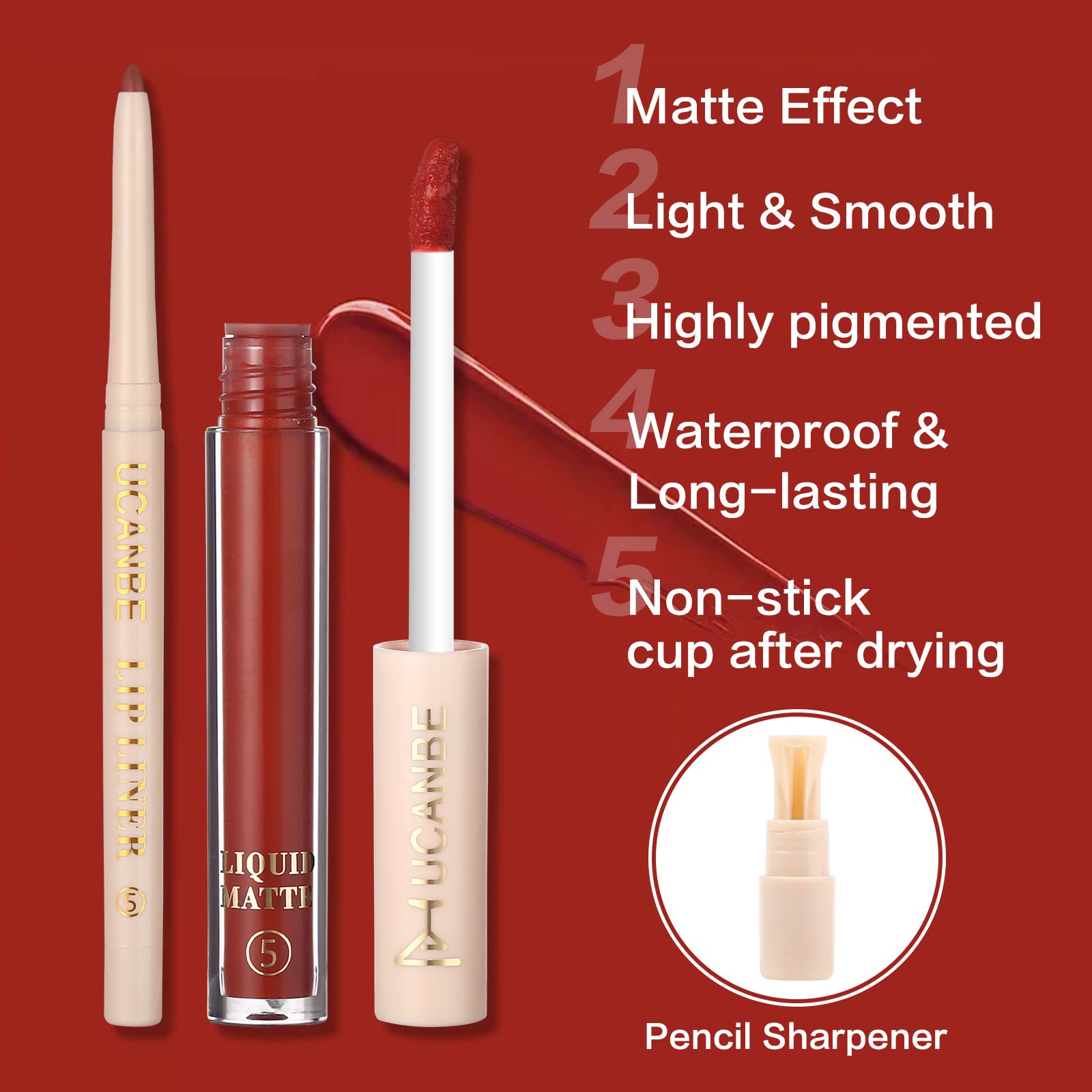 UCANBE 13pcs Lipstick Makeup Kit, 6 Matte Liquid Lip Sticks + 6 Lip Liner Pens + 1 Lip Primer, LADY'S NIGHT All in One Waterproof Long Lasting Lips Color Gloss Make up Gift Set