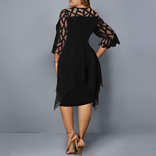 Pinkpaopao Plus Size Mesh Chiffon Dress for Women Flared 3/4 Sleeve Patchwork Loose Shift Layered Dress Solid Midi Dress Black