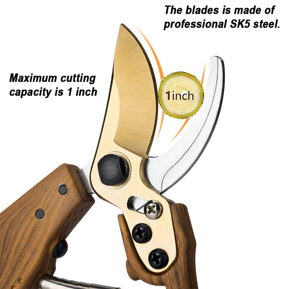 Pruning Shears, Professional Sharp Garden Shears, SK-5 Stainless Steel Pruners for Gardening, 8”Bypass Hand Pruners for Plants, Gardening, Trimming, Gardening Tools(Grain Wood)