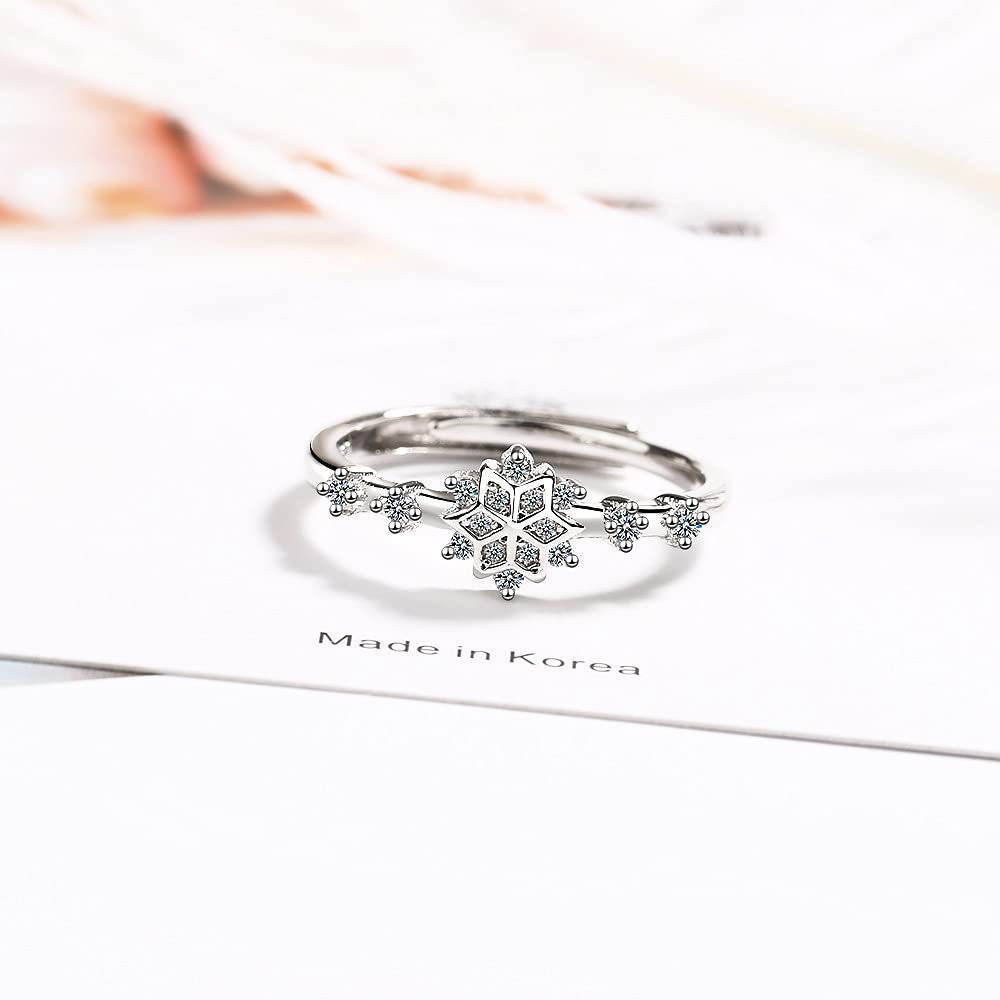NewZenro Thin CZ Snowflake Adjustable Rings for Women Dainty Sterling Silver Plated Statement Wrap Band Flower Rings Fashion Expandable Knuckle Finger Rings for Bff Daughter Xmas