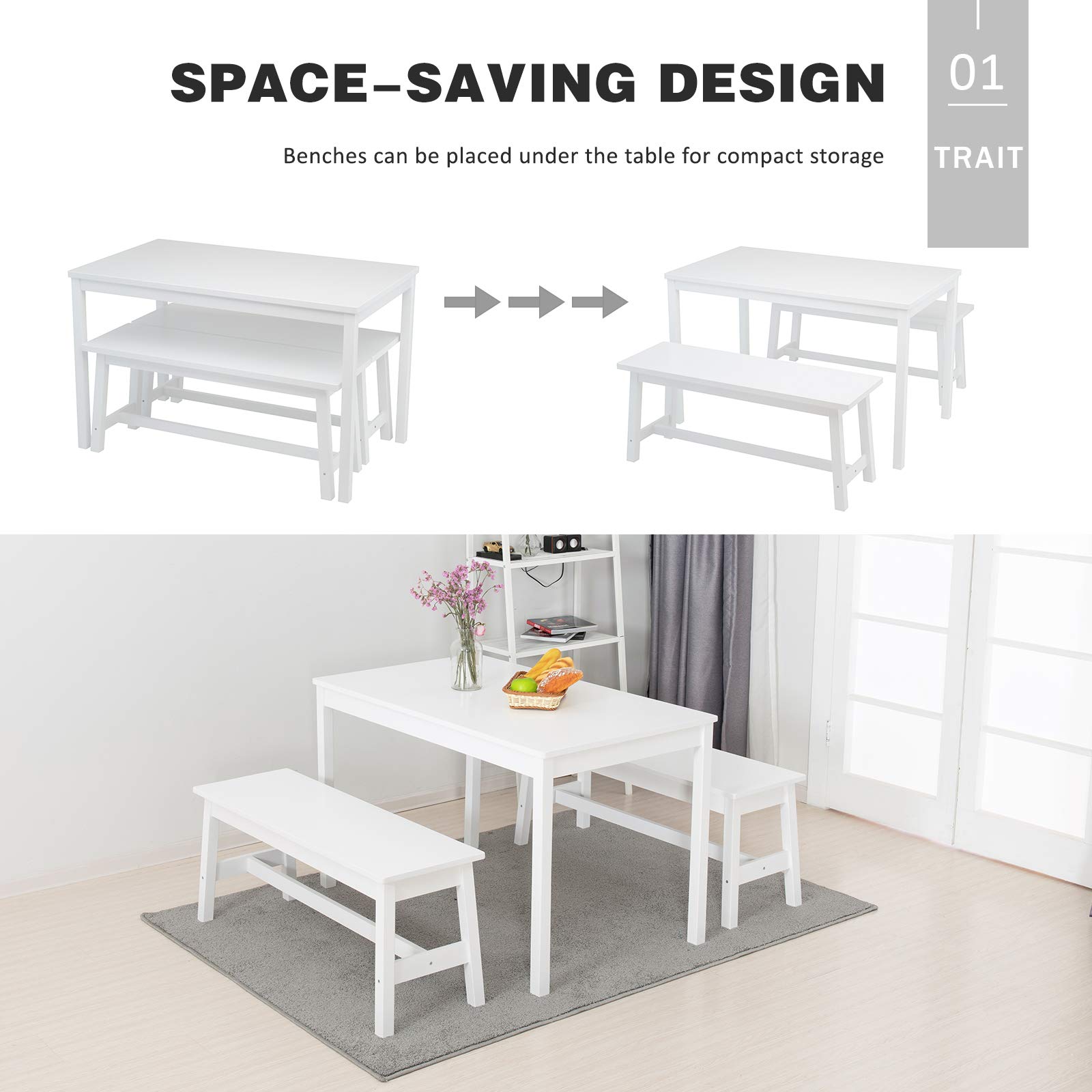 Mecor 3-Piece Dining Set Table with 2 Benches, Solid Pine Wood Tabletop and Benches Set for Home Kitchen Dining Room Furniture (White)