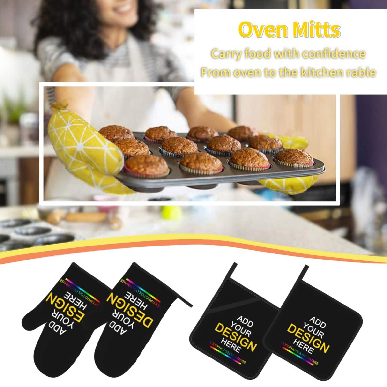 Personalized Heat Resistant Oven Mitts and Pot Holders Custom Picture Logo Text Customized Personalized Non-Slip Oven Mitt Set for Kitchen Cooking Baking Grilling Glove and Safe Mats Gift