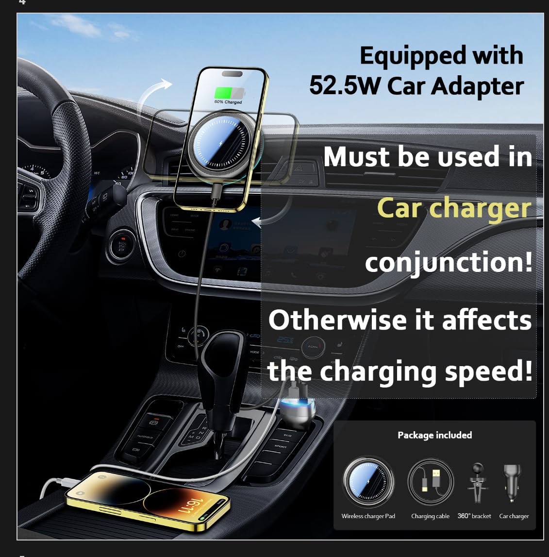 UCOMX Magnetic Car Mount Charger,15W Bullet Speed Fast Wireless Car Charging Mount,Texas Level Anti-Shake Phone Holder,Compatible for iPhone 14/13/12 Serise (Include 52.5W Adapter)