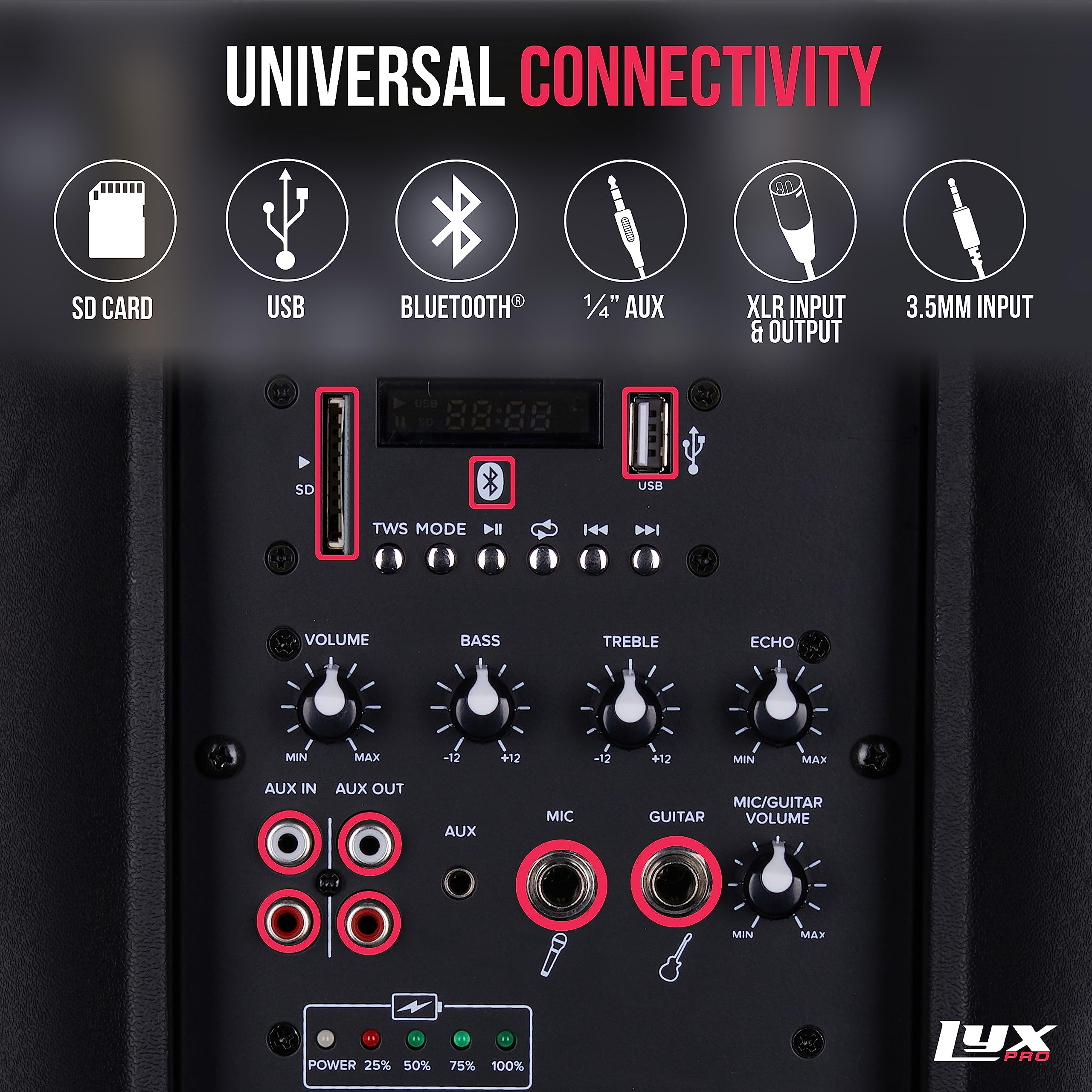 LyxPro 8” Inch Active PA Rechargeable Battery Speaker System, Equalizer, Bluetooth Connection, SD Slot USB MP3 AUX, Mic,1/4" 1/8" 3.5mm Inputs, SPA-8 Battery
