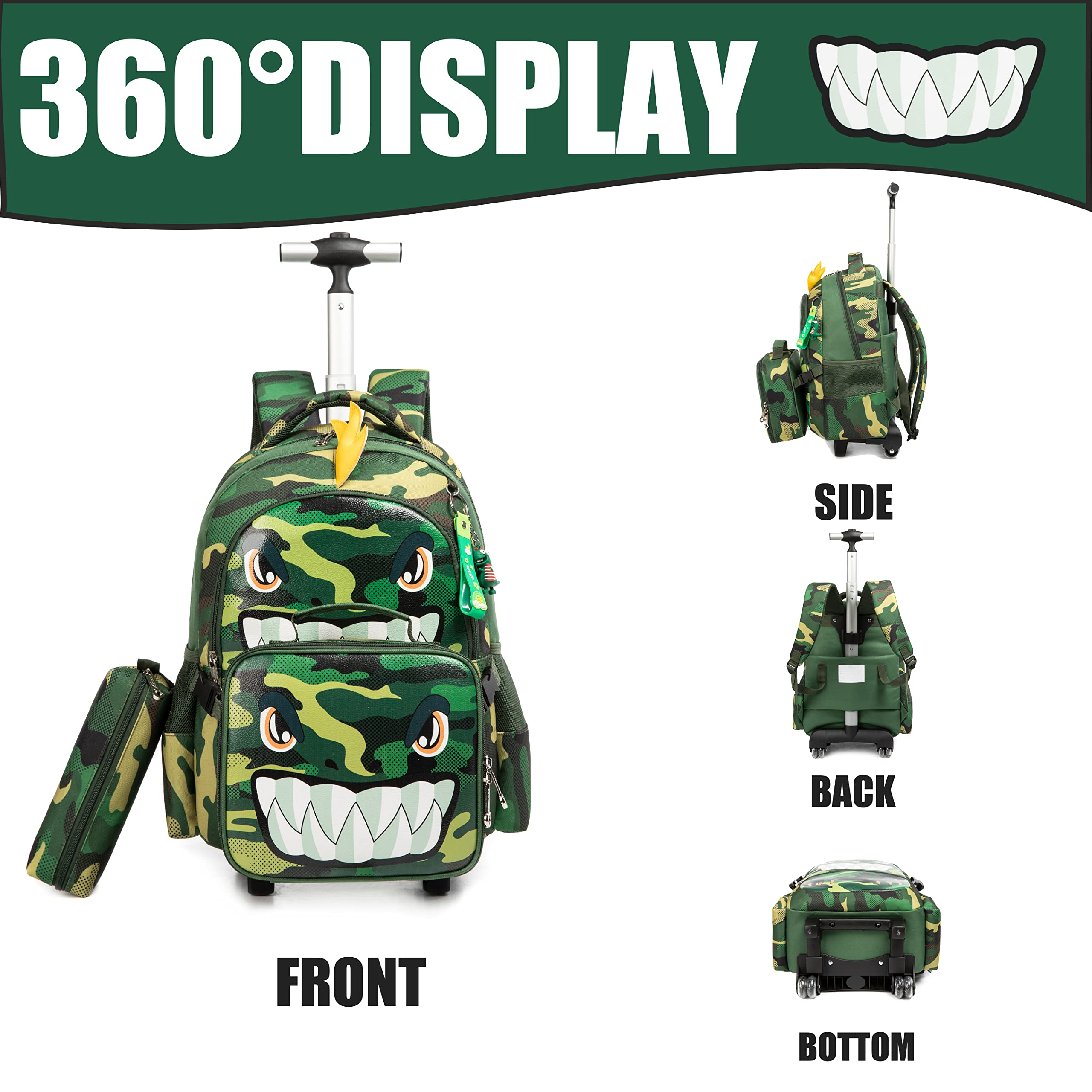 MYHSBYO Dinosaur Rolling Backpack Boys Kids Rolling Backpack with Wheels for Boys Wheeled Backpack Carry on Luggage Bookbag with Roller Set for Elementary