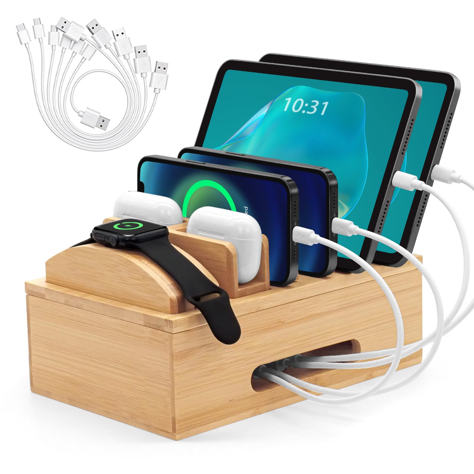 Myndekly Bamboo Charging Station Organizer for Multiple Devices, Desktop Docking Station for Cell Phones, Tablets, SmartWatch&Earbuds Stand (Includes 6 Cables) (No Power Supply)