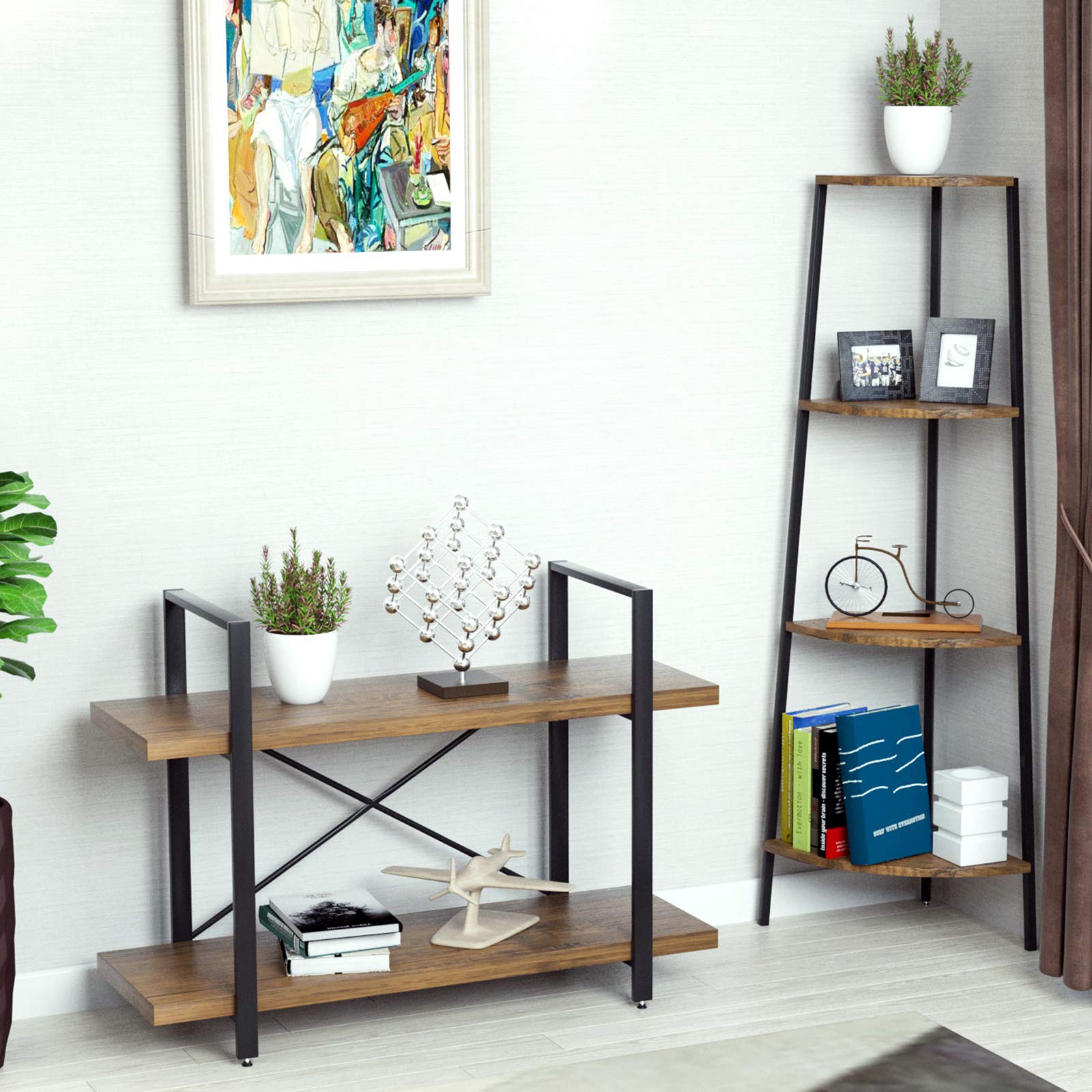 mecor 4 Tier Industrial Corner Shelf, Rustic Corner Storage Rack Plant Stand Metal Frame Bookcase Display Rack for Home Office